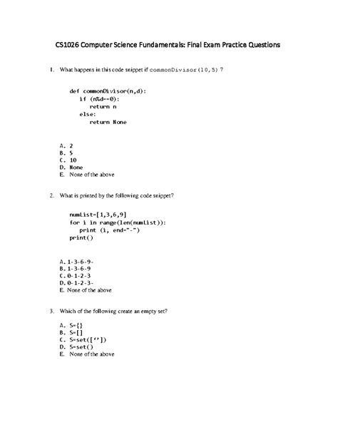 Review Problems for Final - CS1026 Computer Science Fundamentals: Final Exam Practice Questions ...