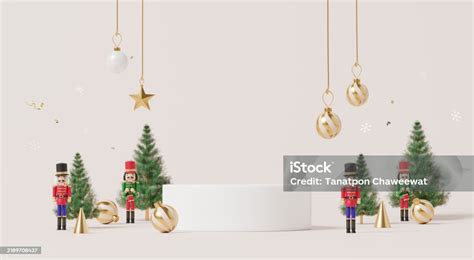 3d 렌더링 메리 크리스마스와 새해 복 많이 받으세요 빈 연단이 있는 배경 황금 장식품이 있는 호두 까기 인형 축제 장면의 미니멀한 나무 0명에 대한 스톡 사진 및 기타