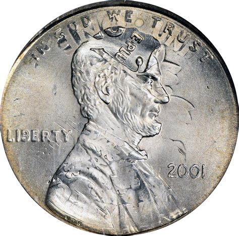 2001 1¢ Mint Error Double Denomination Lincoln Cent On Struck