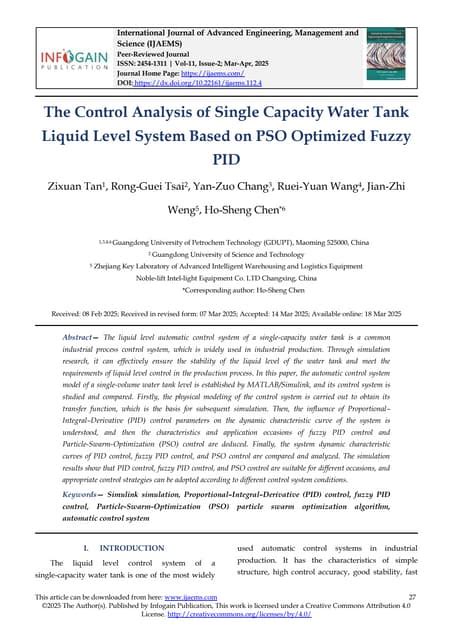 The Control Analysis Of Single Capacity Water Tank Liquid Level System Based On Pso Optimized