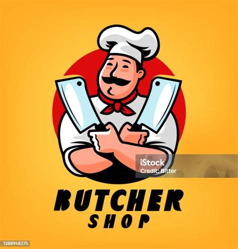 정육점 로고 농민 시장을위한 고기 칼을 가진 엠블럼 요리사 만화 캐릭터 벡터 일러스트레이션 로고에 대한 스톡 벡터 아트 및 기타