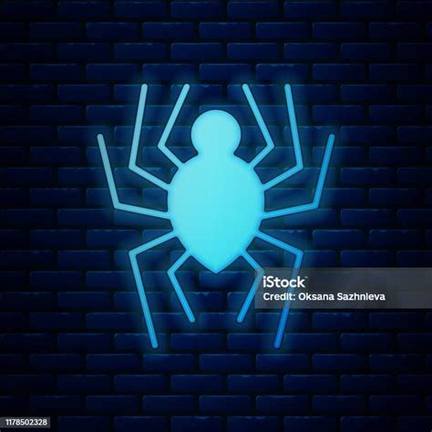 벽돌 벽 배경에 고립 빛나는 네온 거미 아이콘 해피 할로윈 파티 벡터 일러스트레이션 거미에 대한 스톡 벡터 아트 및 기타 이미지