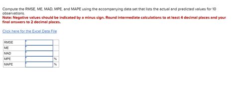 Solved Compute The Rmse Me Mad Mpe And Mape Using The