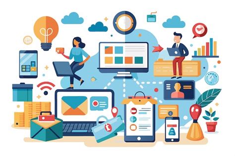 an illustration of a digital workspace showing two people working on laptops and a computer