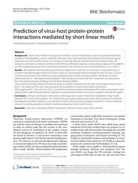 Pdf Prediction Of Virus Host Protein Protein Interactions Mediated By Short Linear Motifs
