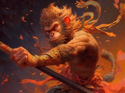 Есть обезьяна с мечом в руке генеративный ии Премиум Фото