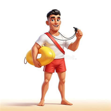 Cartoon Lifeguard Holding A Yellow Life Preserver And Whistle Wearing