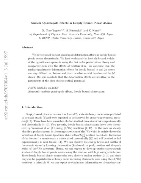 Pdf Nuclear Quadrupole Effects In Deeply Bound Pionic Atoms