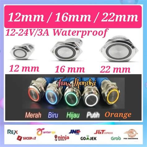 Jual Saklar On Off Led Stainless Push Button Switch 12 16 22mm 3a 12