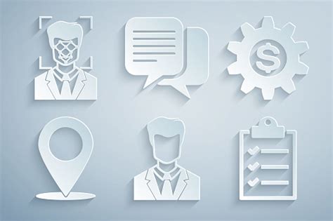 비즈니스 정장을 입은 남자의 사용자 달러 기호가 있는 기어 지도 핀 클립보드 체크리스트 채팅 및 얼굴 인식 아이콘을 설정합니다