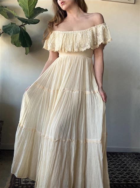 1970s Rare Cream Off Shoulder Gauze Gunne Sax Dress Bridal Xs S Etsy