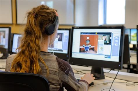 Premium Photo A Woman Wearing Headphones Sitting In Front Of A Computer Monitor