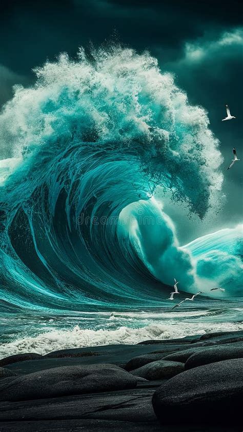 A Massive Electric Blue Wave Crashing Onto A Shoreline Creating A