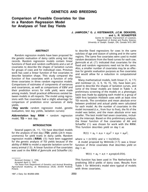 Pdf Comparison Of Possible Covariates For Use In A Random Regression Model For Analyses Of