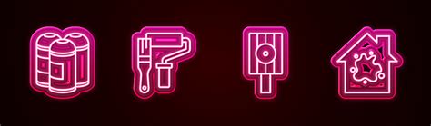 세트 라인 페인트 스프레이 캔 롤러 브러시 스프레이 노즐 캡 및 집 페인팅 빛나는 네온 아이콘 벡터 공란에 대한 스톡 벡터 아트 및 기타 이미지 Istock