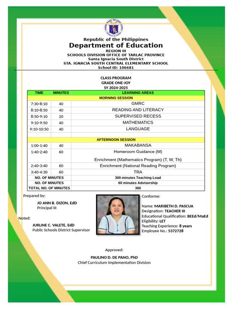 Class Program Grade 1 Matatag 2024 2025 Final Pdf