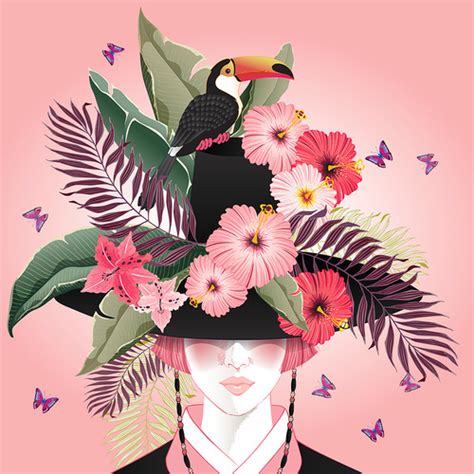 유토이미지 열대의 꽃으로 장식된 갓을 쓰고 있는 여자 벡터 일러스트레이션