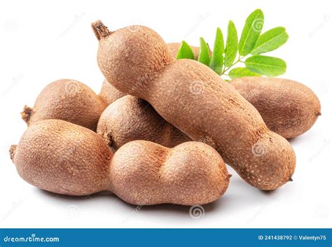 Ripe Tamarind Fruit Pods And Leaves Isolated On White Background Stock