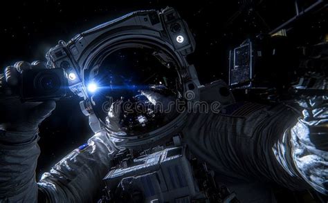A Spacewalking Astronaut A Cosmic Art Wallpaper A Reflection In His Spacesuit Stock Image