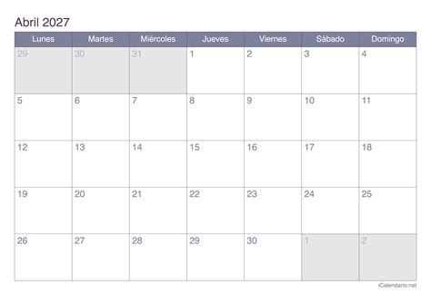 Calendario Abril De 2027 Para Imprimir