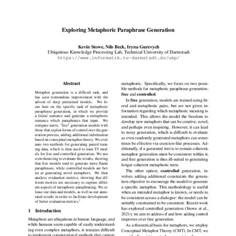 Exploring Metaphoric Paraphrase Generation Acl Anthology