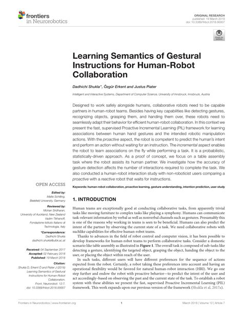 Pdf Learning Semantics Of Gestural Instructions For Human Robot Collaboration