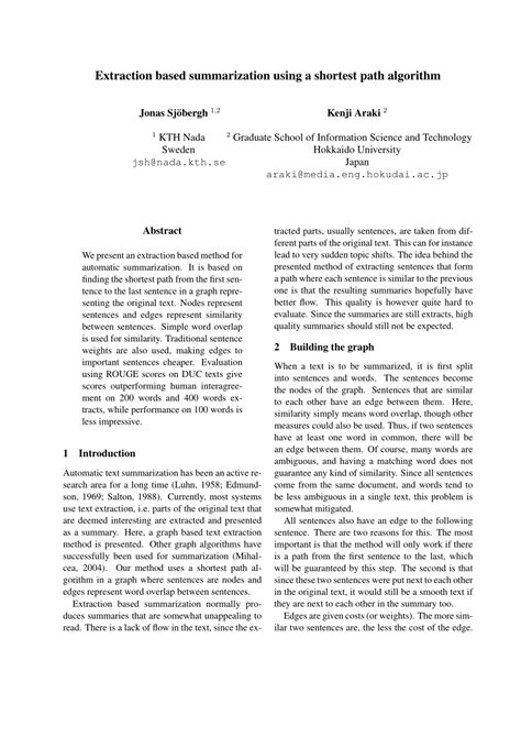 Pdf Extraction Based Summarization Using A Shortest Path Algorithm