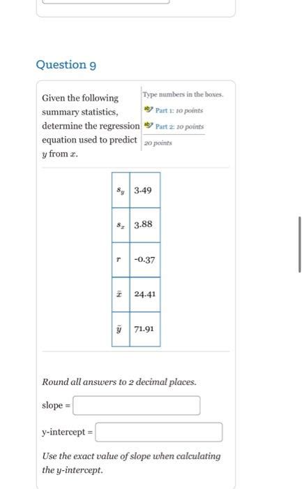 solved question 9 given the following summary statistics