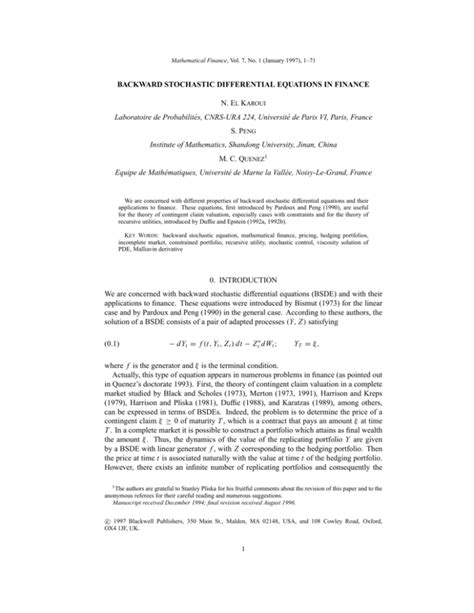 Backward Stochastic Differential Equations In Finance