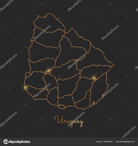 Uruguay Region Map Golden Glitter Outline With Sparkling Stars On Dark Background Detailed Map