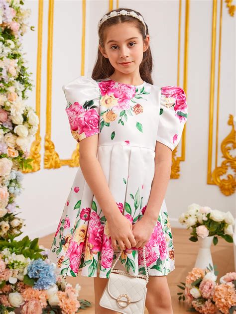 Shein Girls Floral Print Puff Sleeve Fold Pleated Dress Shein Uk