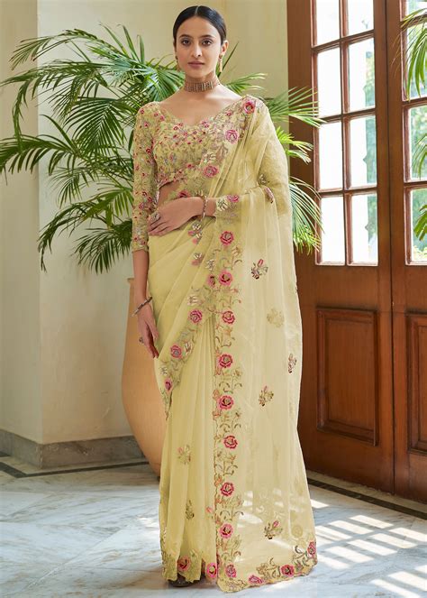 Lime Yellow Embroidered Organza Saree Urban Womania