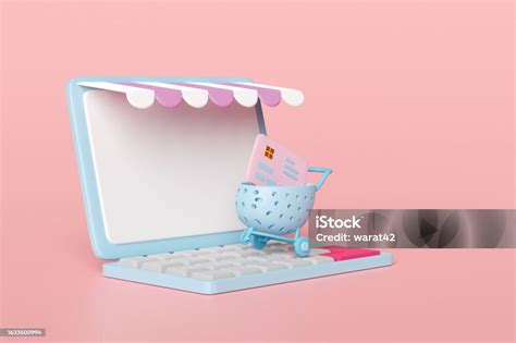노트북 컴퓨터 모니터 상점 앞 신용 카드 쇼핑 카트 또는 분홍색 배경에 격리된 바구니가 있는 온라인 쇼핑 3d 일러스트레이션 렌더링 3차원 형태에 대한 스톡 사진 및 기타