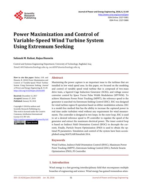 Pdf Power Maximization And Control Of Variable Speed Wind Turbine System Using Extremum Seeking