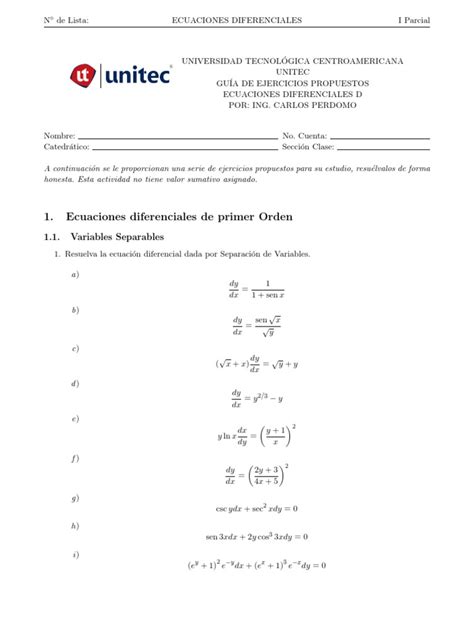 Guia De Ejercicios Ecuaciones Diferenciales Unitec I Parcial Pdf