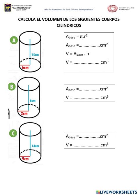 Volumen De Un Cilindro Interactive Worksheet