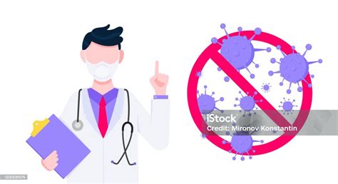 바이러스 예방 접종 배너 개념 플랫 스타일 디자인 포스터를 중지합니다 그것에 의사 직원 은 배경에 격리 바이러스 기호 중지 클립