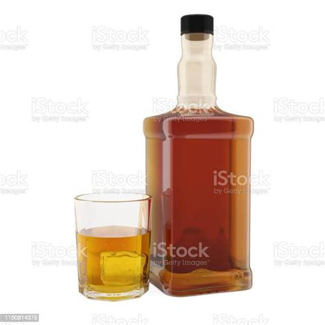 알코올 음료의 전체 유리 알코올 음료의 병 흰색 배경에 고립 된 3d 렌더링 3차원 형태에 대한 스톡 사진 및 기타 이미지 3차원 형태 갈색 개념 Istock