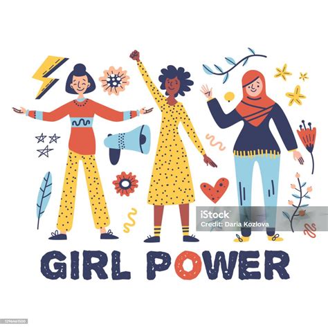 다문화 여성의 집합 성평등 페미니즘 다양하고 평등운동의 개념 벡터 일러스트 여성 텍스트 소녀 의 힘 세계 여성의 날 카드 포스터 웹에 적합 아이에 대한 스톡 벡터 아트 및