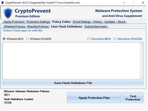 CryptoPrevent Policy Editor User Hash Definitions Tab D XTech Com Formerly Foolish IT
