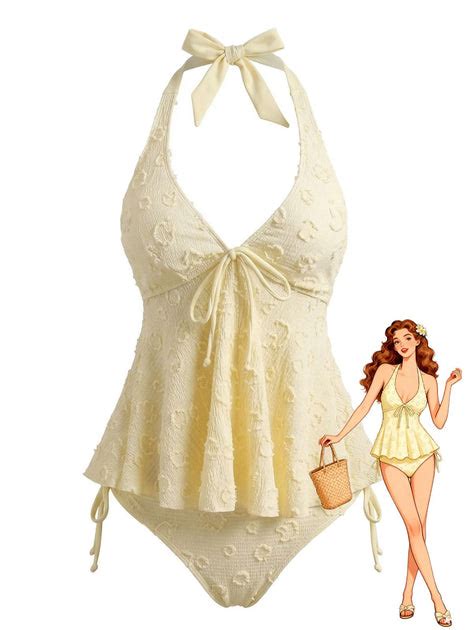 1950s Textured Floral Halter Deep V Tankini Set Retro Stage