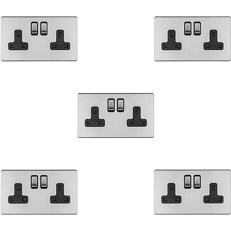 5 Pack 2 Gang Dp 13a Switched Uk Plug Socket Screwless Satin Steel Wall Power
