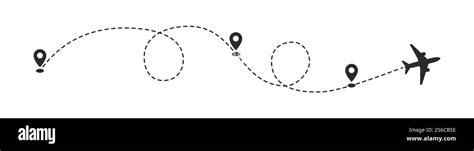 Plane Path With Location Pins Vector Illustration Path To Location By Plane Tourism Way Route