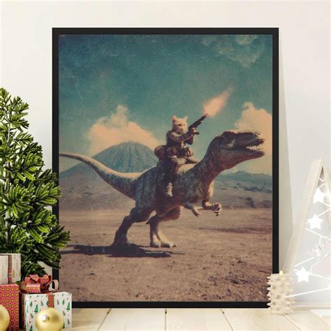 Cat Riding T Rex Poster Funny Dinosaur Print Vintage Style Wall Art
