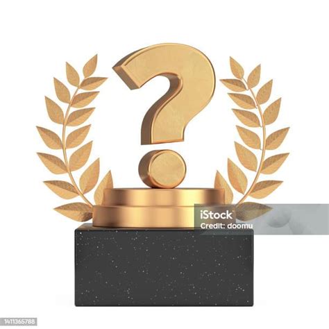 수상자 상 큐브 골드 로렐 화환 연단 무대 또는 골든 물음표가있는 받침대 3d 렌더링 1위에 대한 스톡 사진 및 기타 이미지 1위 성공 승리 동작 활동 Istock