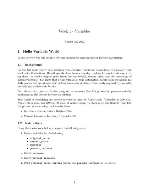Week 1 Variables In Class Activities Week 1 Variables August 27