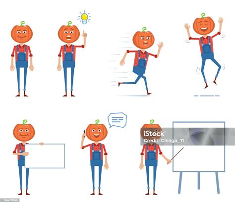 다른 상황에서 포즈 할로윈 호박 캐릭터의 집합입니다 쾌활 한 할로윈 괴물 서 위를 가리키고 달리기 점프 전화 통화 배너를 들고 가리키기에 대한 스톡 벡터 아트 및 기타