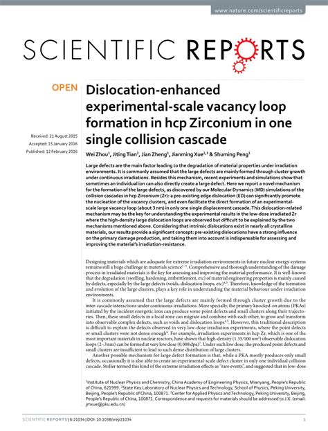 Pdf Dislocation Enhanced Experimental Scale Vacancy Loop Formation In Hcp Zirconium In One