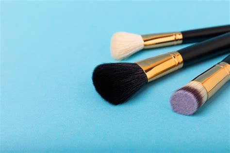 파란색 배경에 메이크업을 위한 화장품 브러쉬 메이크업 화장품 창의적이고 뷰티 패션 컨셉입니다 유행 화장품 메이크업 브러쉬 컬렉션
