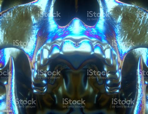 Metallic Scull Hyperrealistic Image 3d Render Holographic Opened Mouth